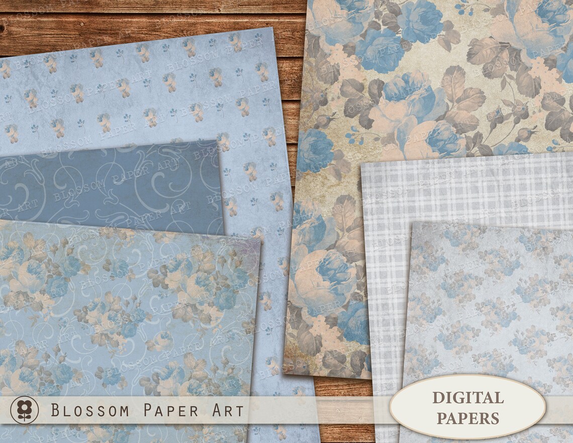Blue Floral Digital Paper Vintage Scrapbook Paper Roses - Etsy