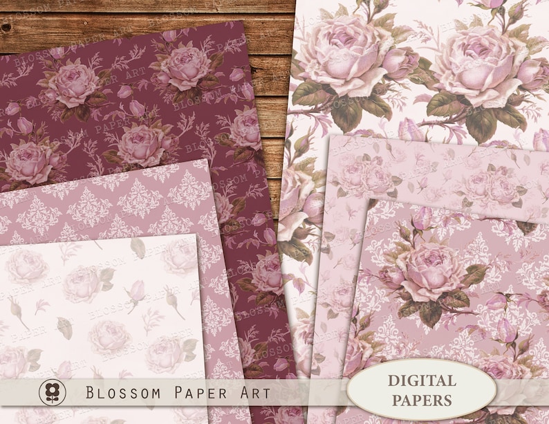 Burgundy Digital Paper Pack Shabby Chic Roses Wine Scrapbook | Etsy