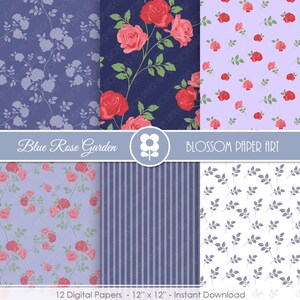 Blue Digital Paper, Floral Digital Paper Pack, Scrapbooking Flowers ...