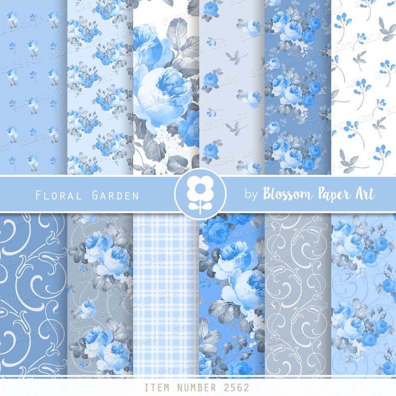 Light Blue Digital Paper Floral Scrapbook Paper Blue Roses | Etsy