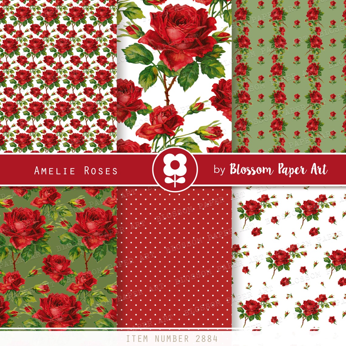 Rose Digital Paper Red Rose Digital Paper Pack Red Floral | Etsy