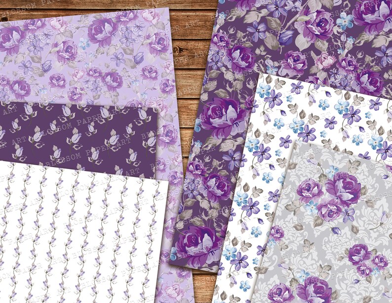 Purple Digital Papers Floral Digital Paper Pack Rose Digital | Etsy