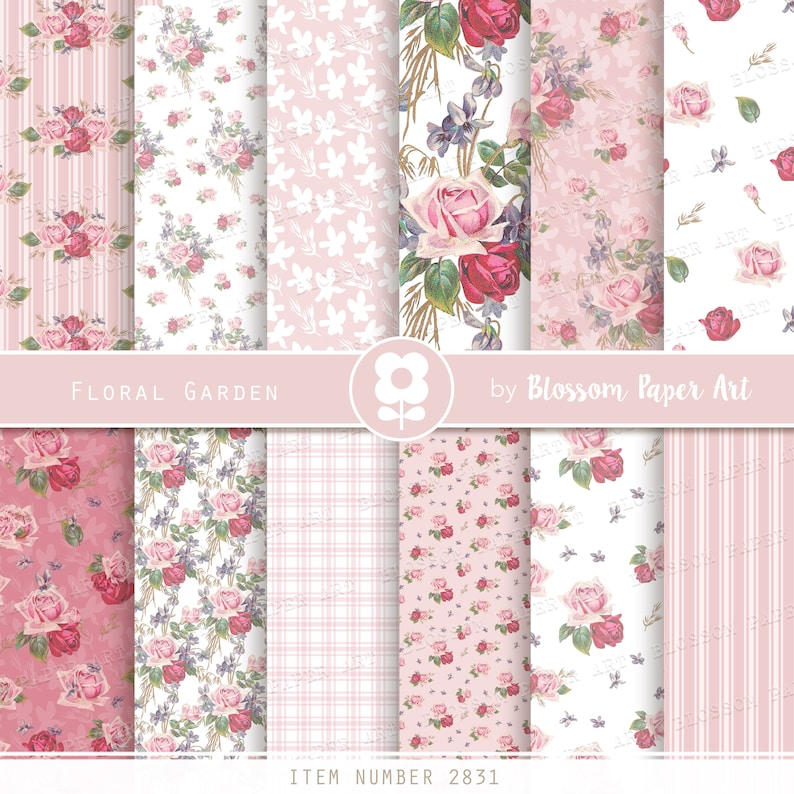 Shabby Chic Roses Digital Paper Pack: Vintage Scrapbook Paper (instant ...