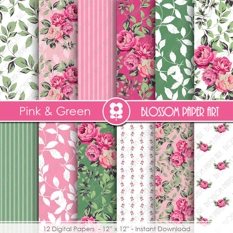 Rose Digital Paper Floral Digital Paper Pack Pink Garden - Etsy