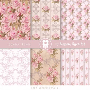 Pink Digital Paper Pack, Shabby Chic Roses Scrapbook Paper, Floral ...
