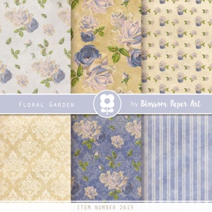 Blue FLORAL Digital Paper, Vintage Floral Shabby Chic Digital Paper ...