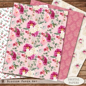 Pink Floral Digital Paper, Pink Digital Paper for Scrapbooking ...