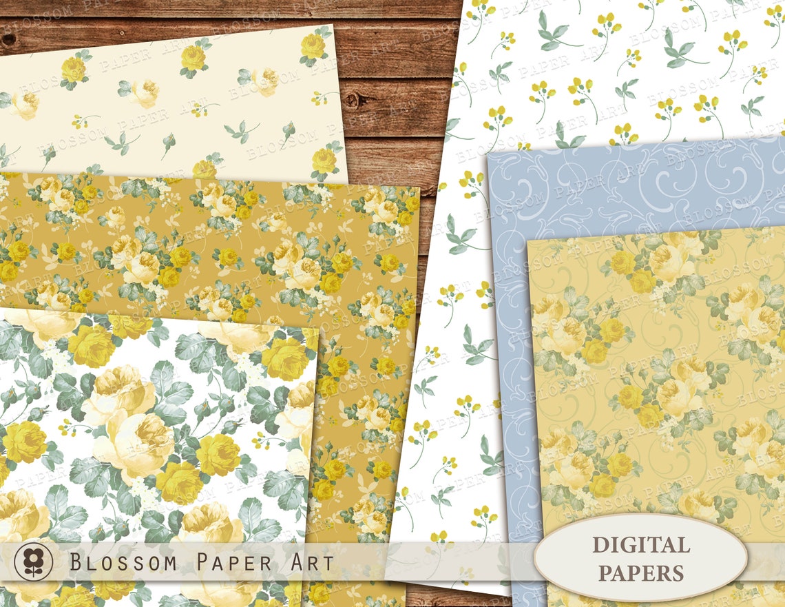 Blue Floral Digital Paper Yellow Digital Paper Pack Rose | Etsy