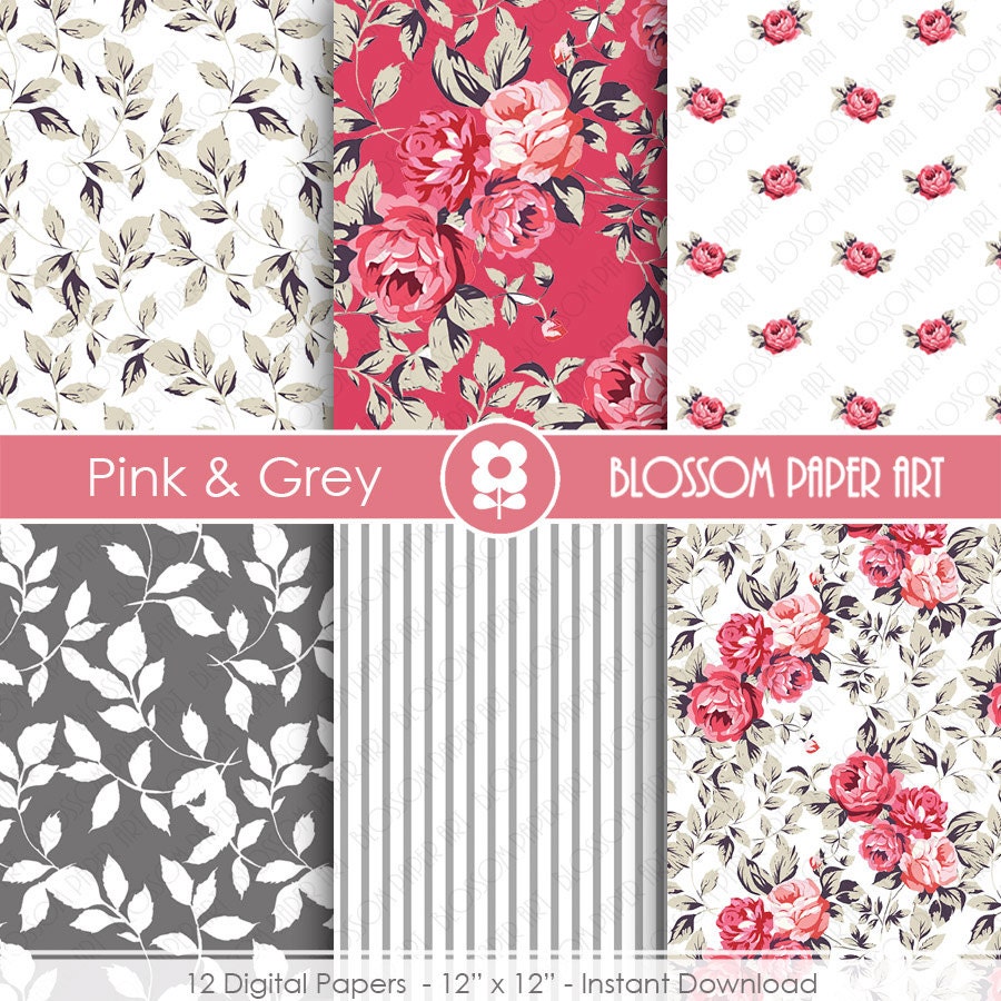 Floral Digital Paper Pack: Pink & Gray Roses (digital Download) - Etsy