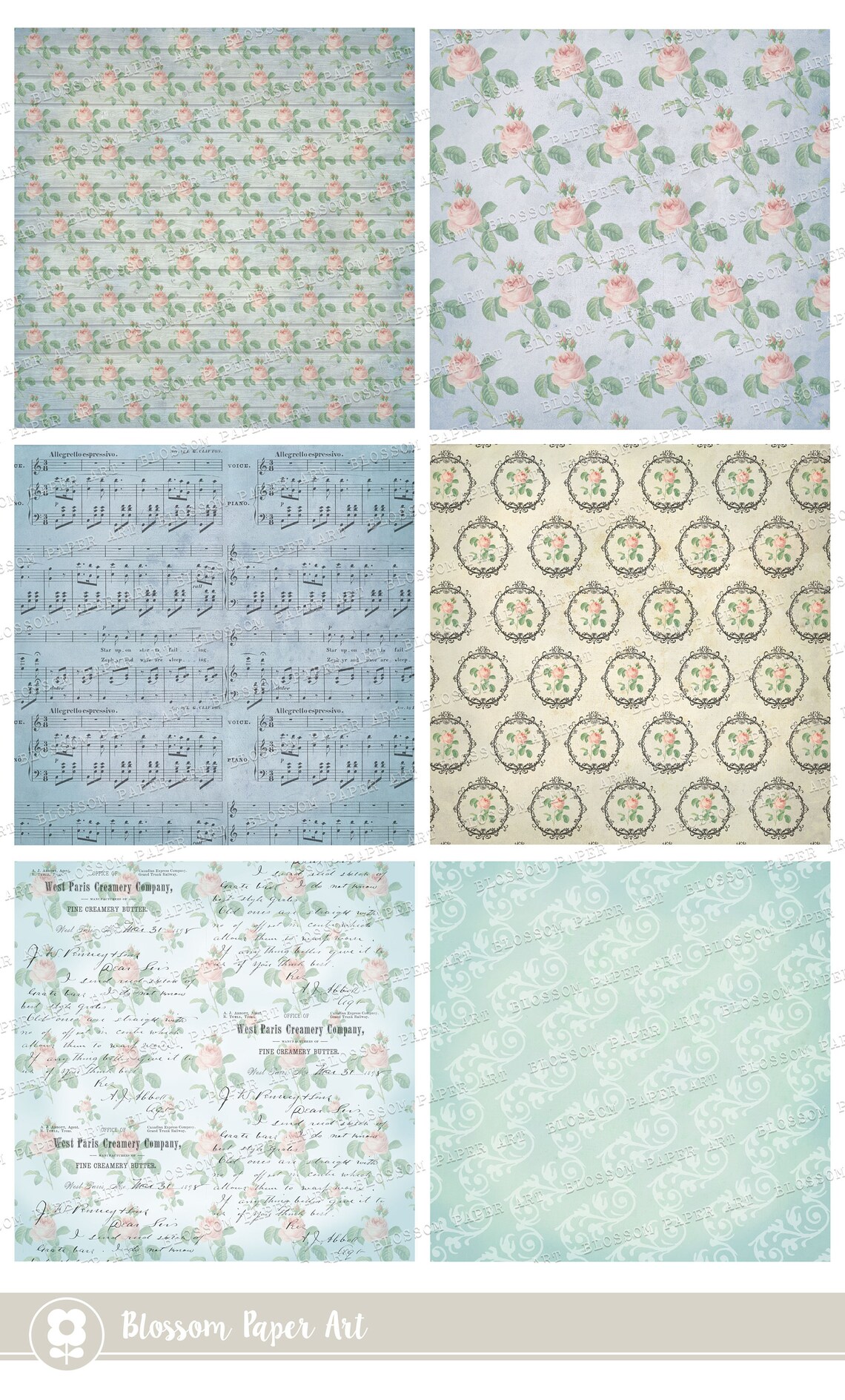 Rose Digital Paper VINTAGE Blue Floral Digital Paper Pack | Etsy