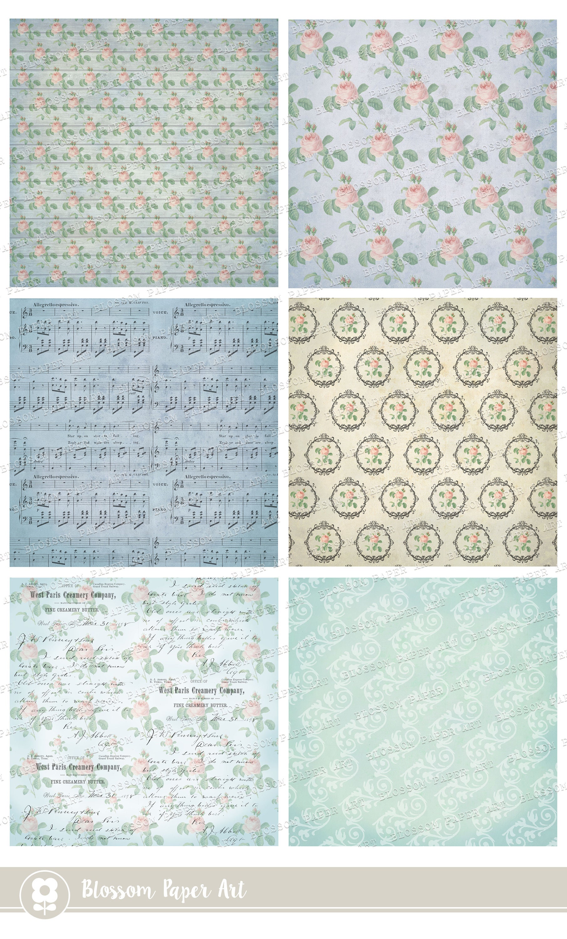 Rose Digital Paper VINTAGE Blue Floral Digital Paper Pack | Etsy
