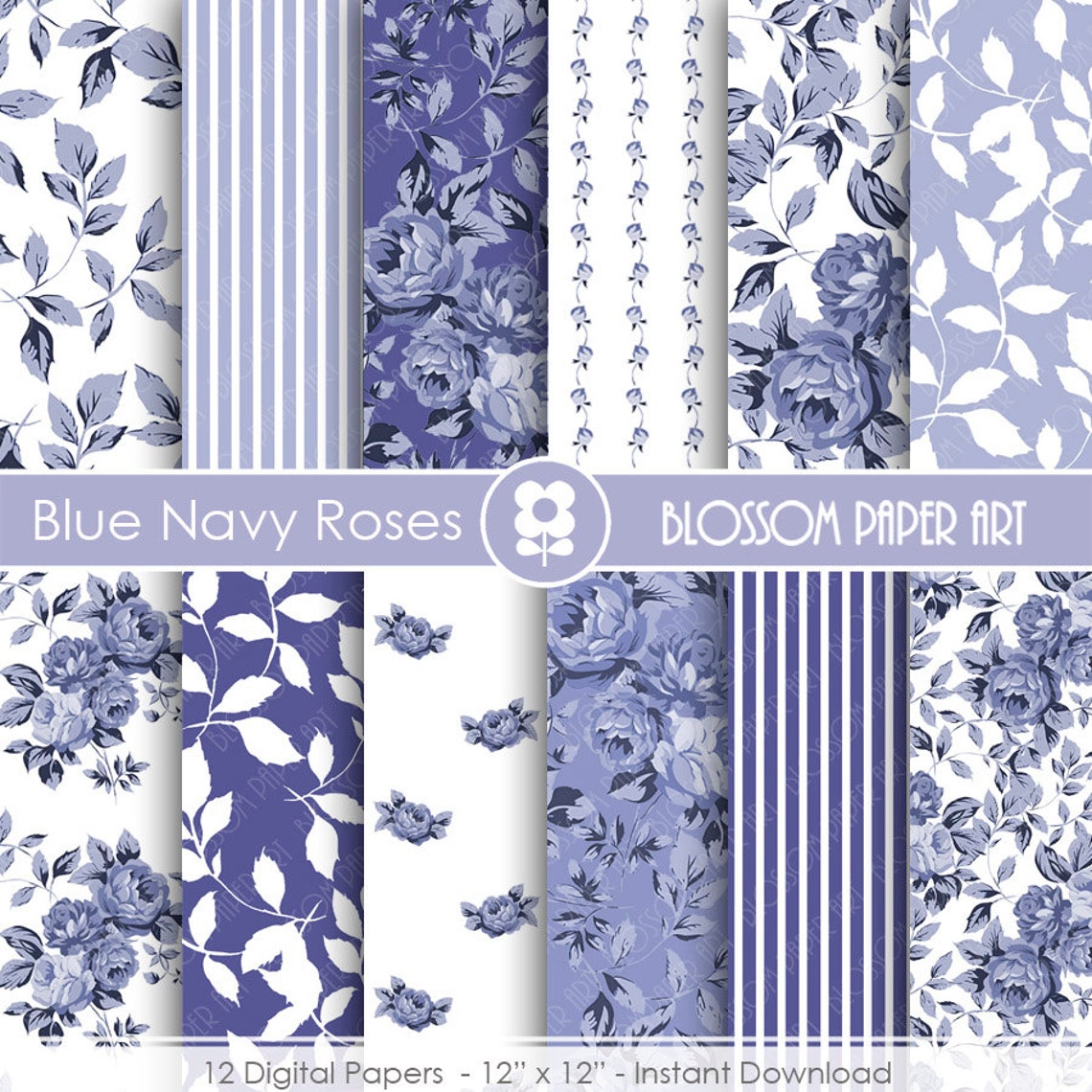 Blue Digital Paper Blue Navy Digital Paper Pack Blue Roses - Etsy