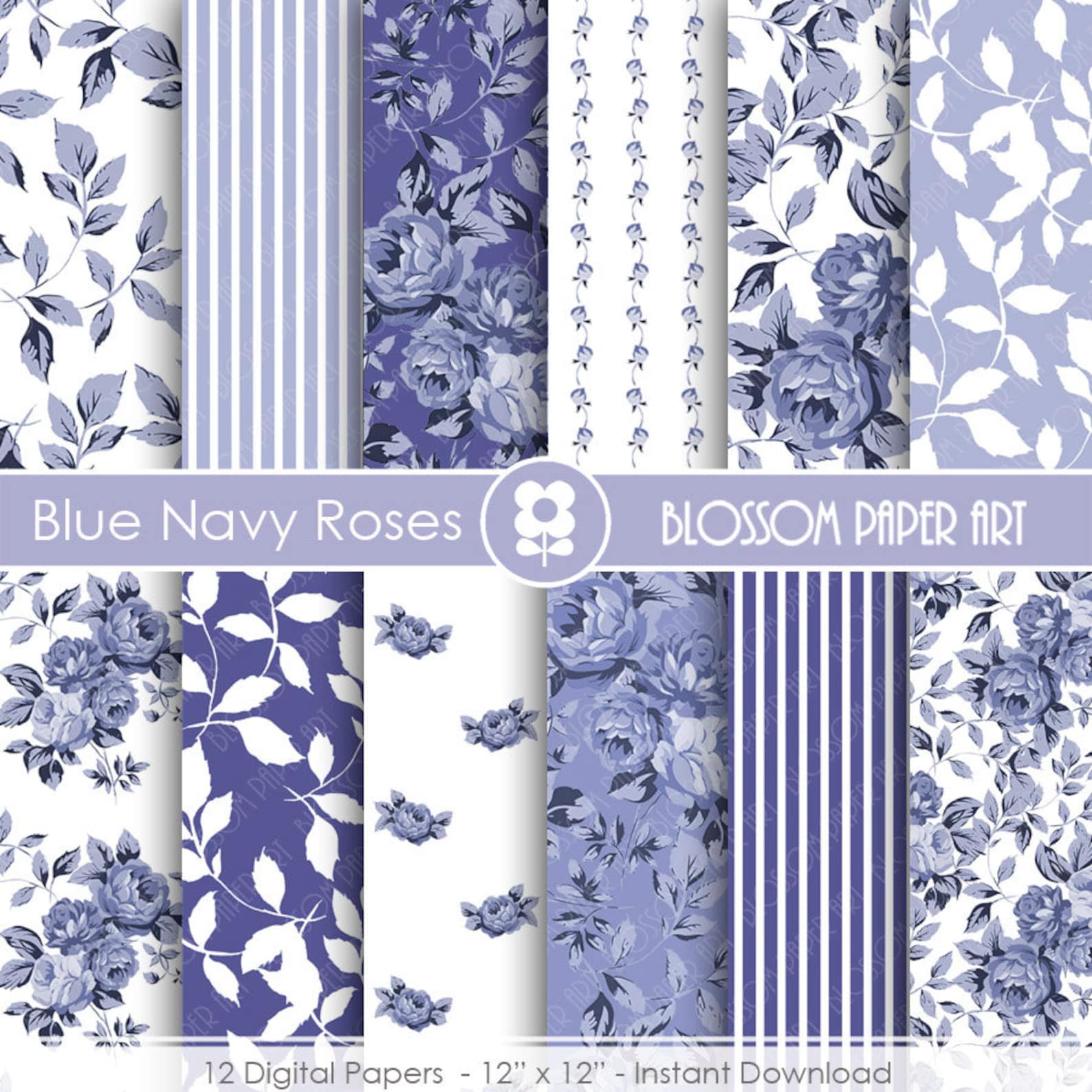 Blue Digital Paper Blue Navy Digital Paper Pack Blue Roses - Etsy