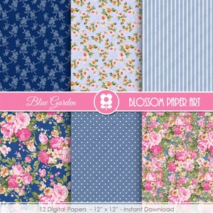 Blue Floral Digital Paper, Blue Digital Paper Pack, Floral Digital ...