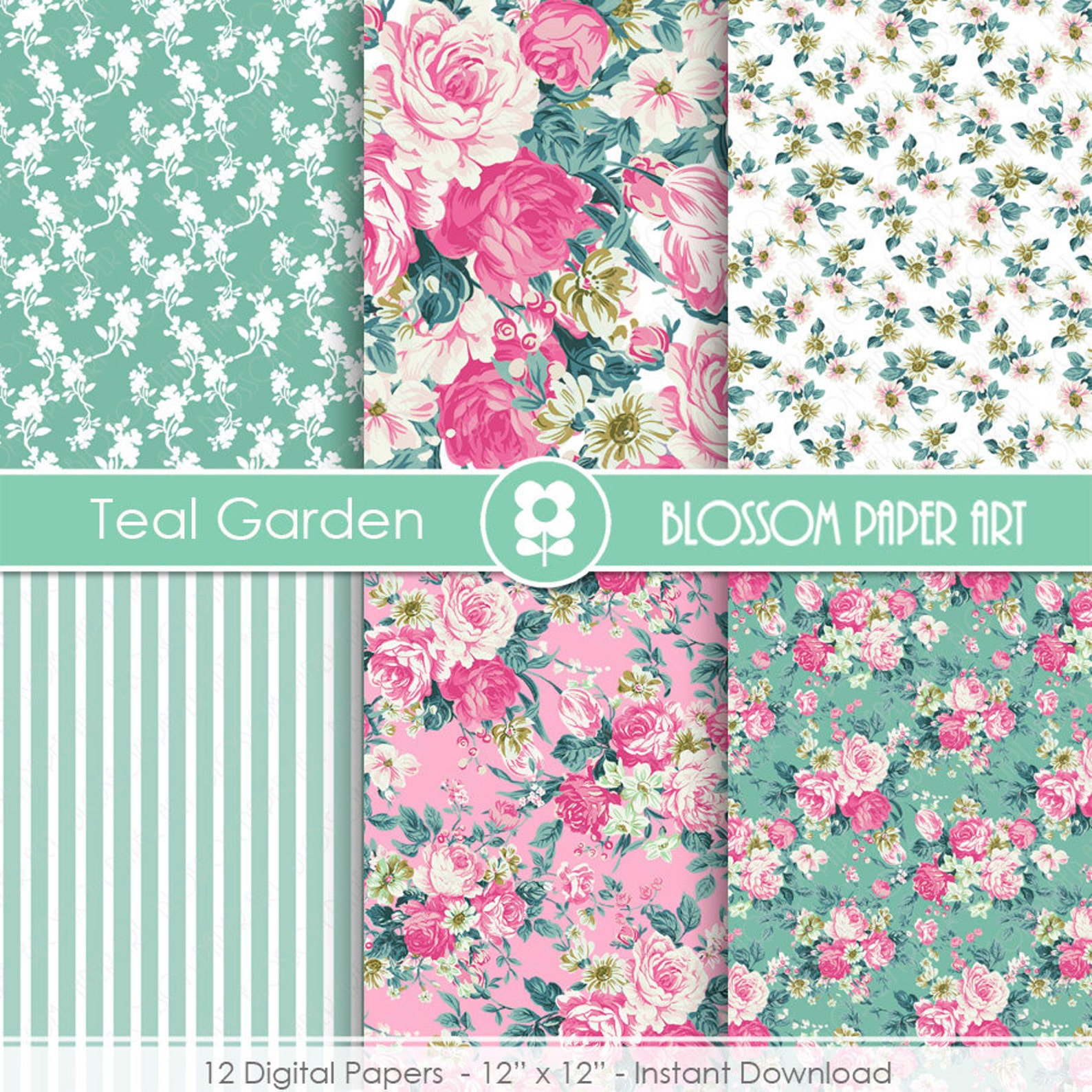 Teal & Pink Floral Digital Paper Pack: Scrapbooking, Decoupage (digital ...