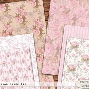 Pink Digital Paper Pack, Shabby Chic Roses Scrapbook Paper, Floral ...