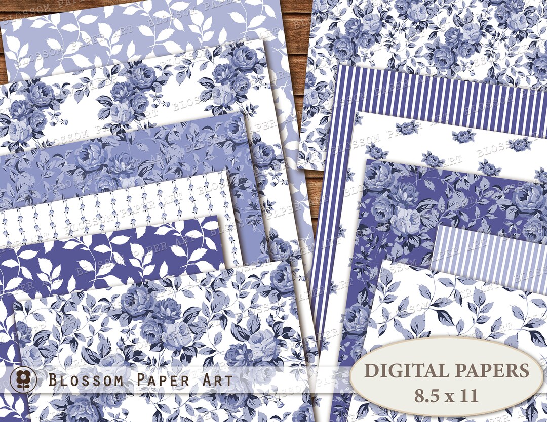 Blue Floral Digital Paper: Vintage Scrapbook Collage (digital Download ...