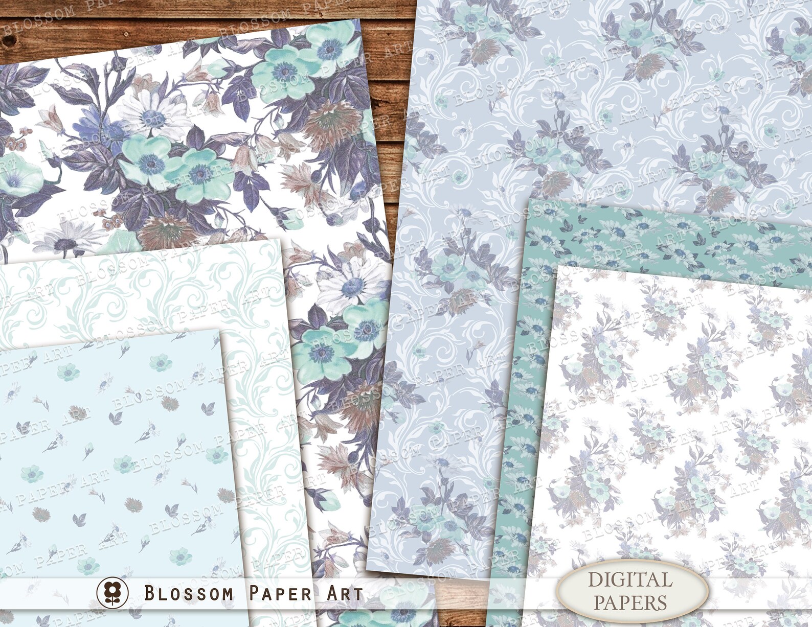 Digital Paper Floral Blue Scrapbook Papers Journal Sheets | Etsy