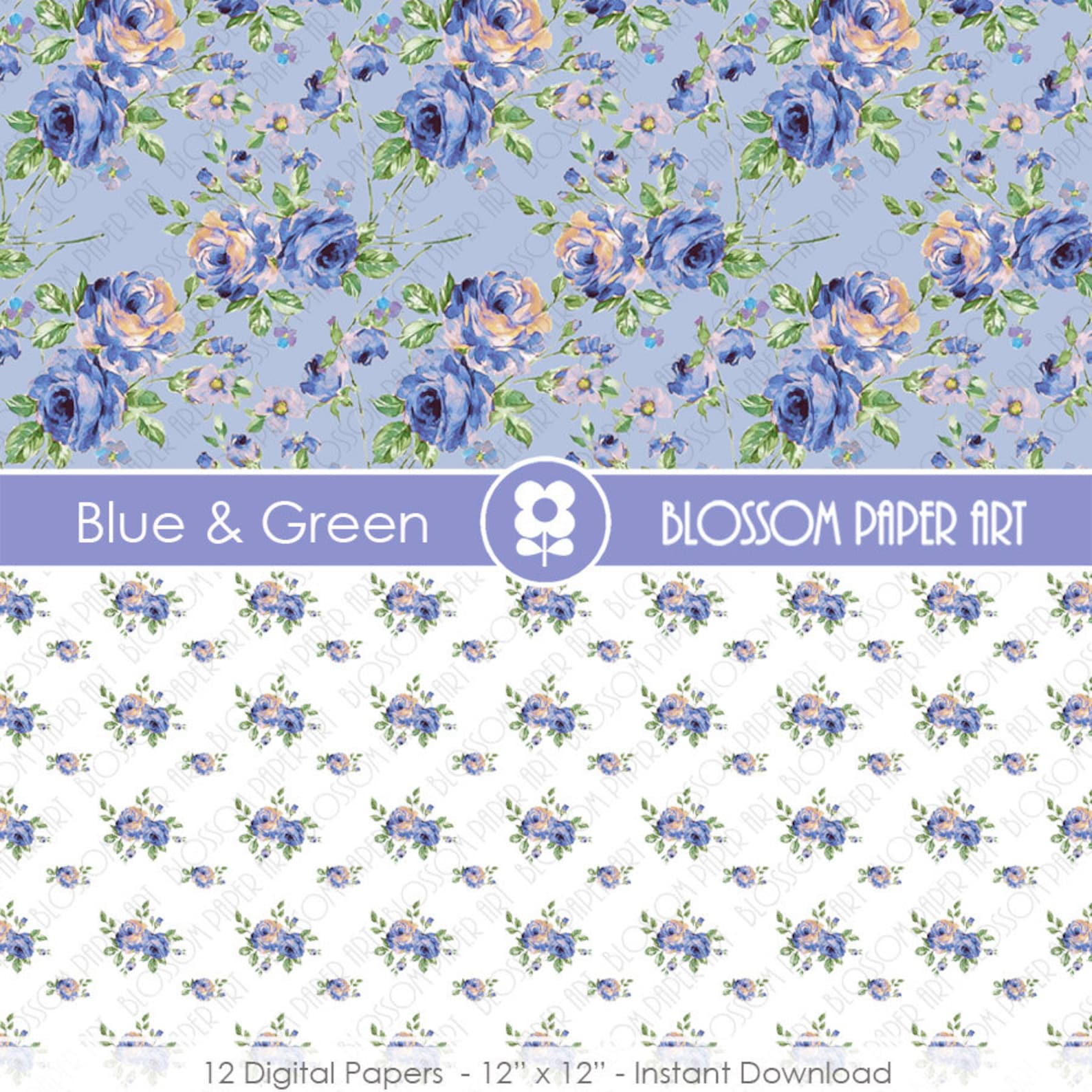 Floral Papers Blue Green Floral Digital Paper Pack - Etsy