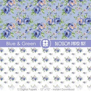 Floral Papers, Blue Green Floral Digital Paper Pack, Scrapbooking Rose ...