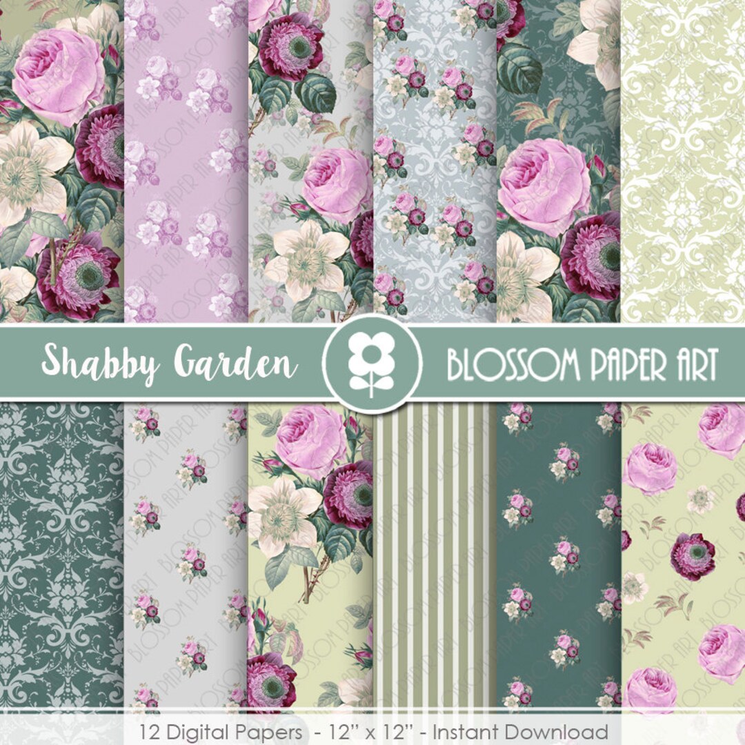 Teal Rose Digital Paper, Purple Rose Digital Paper Pack, Blue Floral ...
