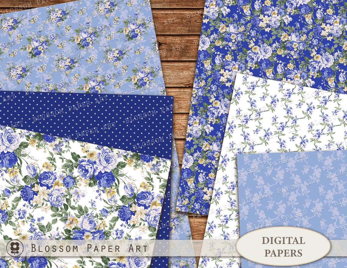 Blue Digital Papers Floral Digital Paper Pack Rose Digital - Etsy