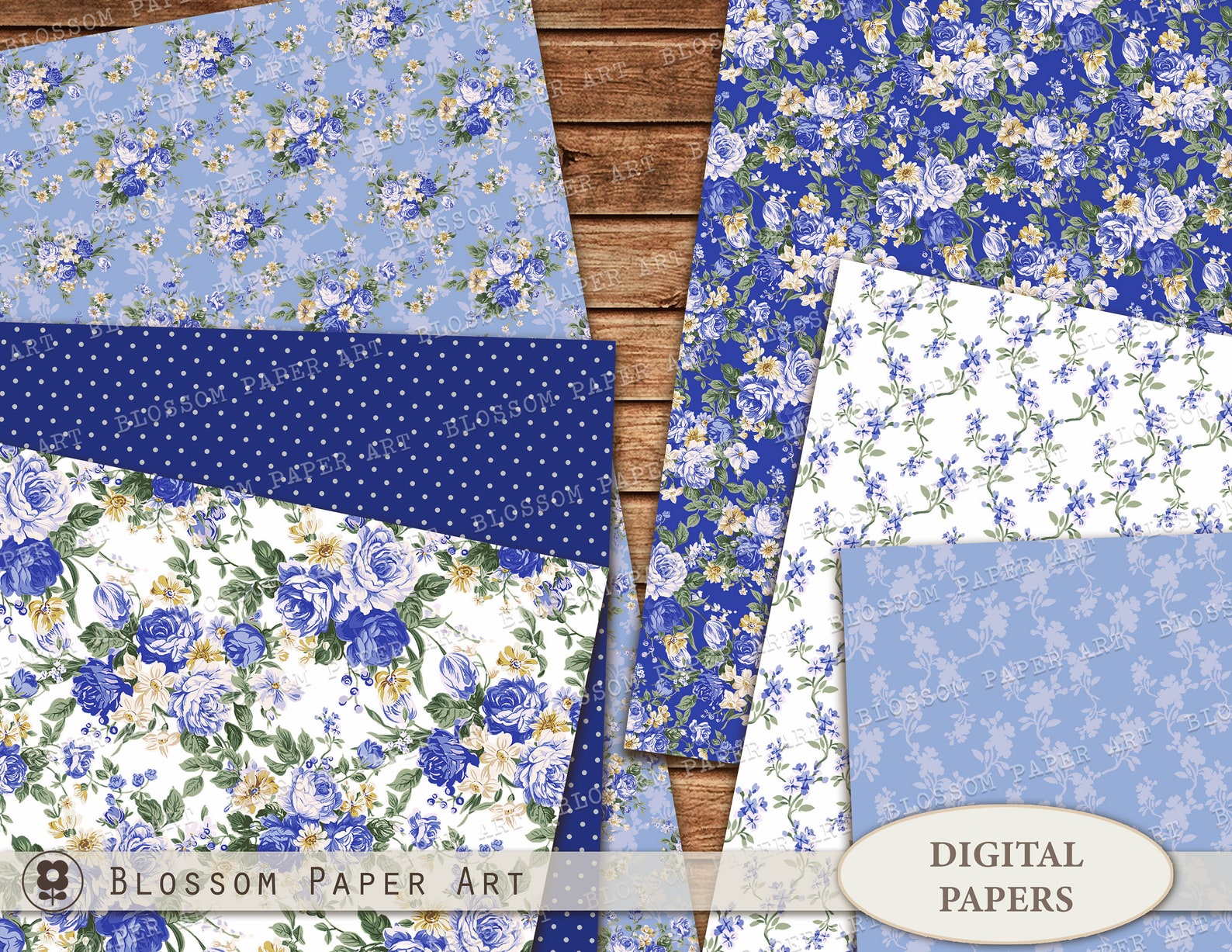 Blue Digital Papers Floral Digital Paper Pack Rose Digital - Etsy