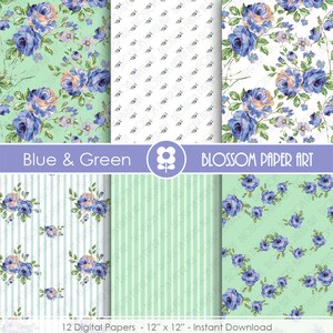 Floral Papers, Blue Green Floral Digital Paper Pack, Scrapbooking Rose ...