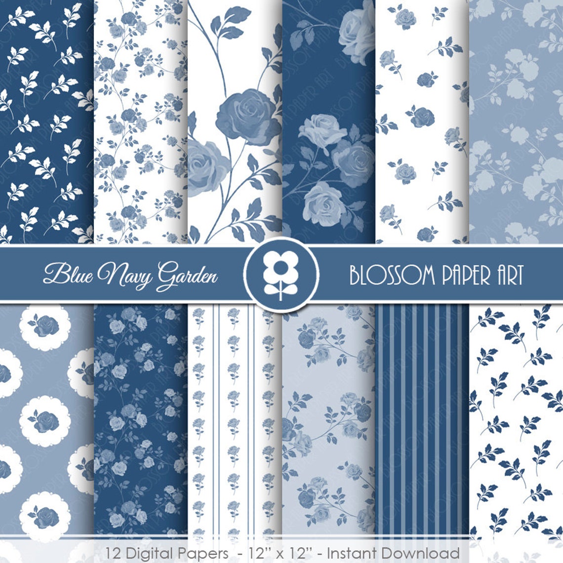 Blue Navy Digital Paper Blue Floral Digital Paper Pack Roses - Etsy UK