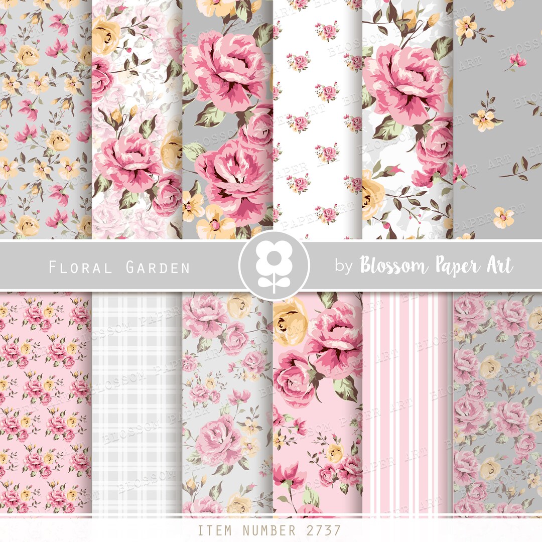 Gray Digital Paper, Floral Scrapbook Paper Pack, Floral Collage Sheet ...