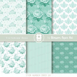 Green Mint Digital Paper, Roses Scrapbook Paper Pack, Aqua Digital ...
