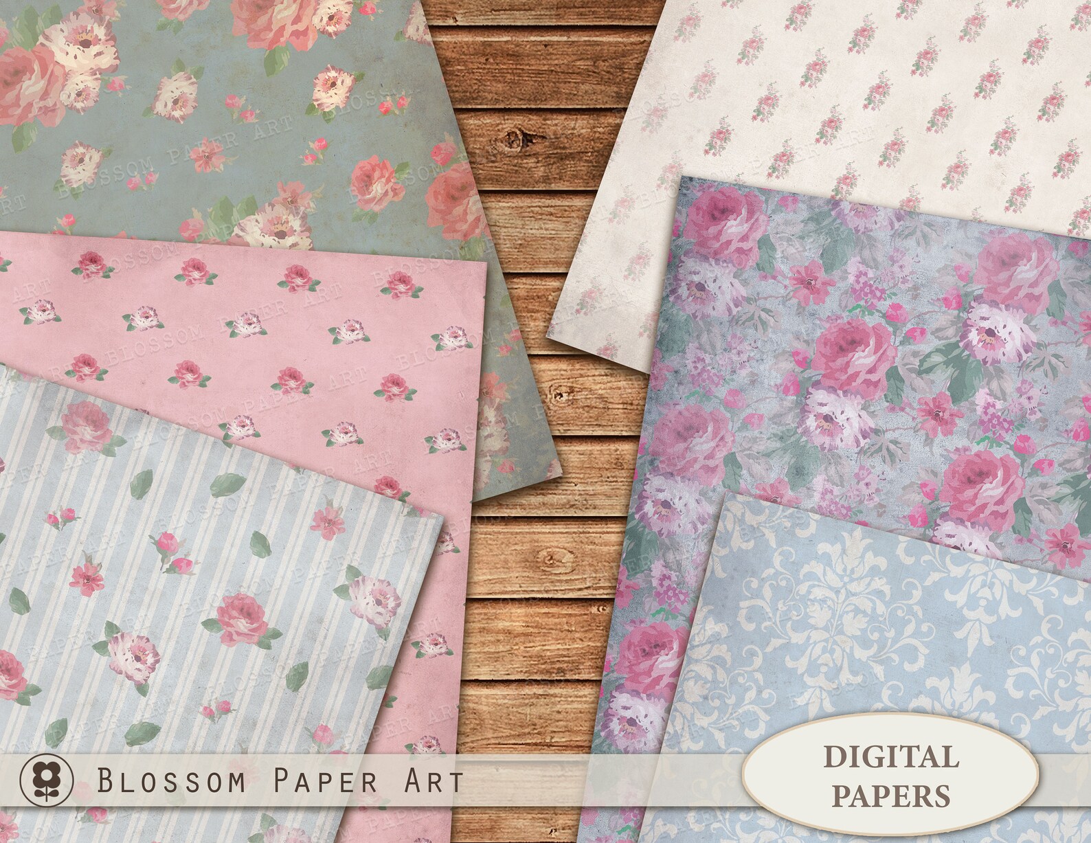 Blue Digital Paper Floral Digital Paper Pack Vintage | Etsy