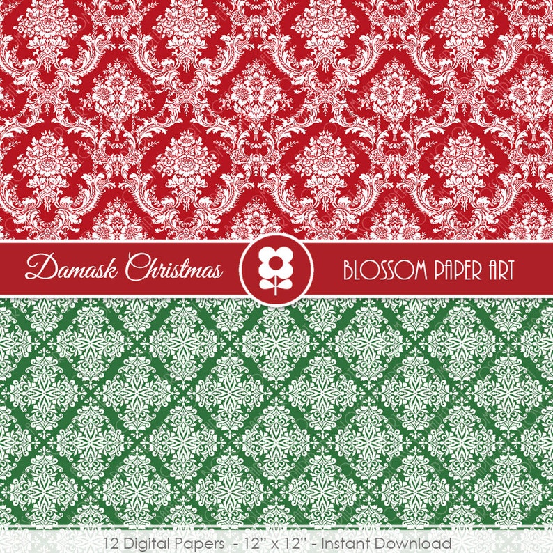 Christmas Damask Digital Paper Christmas Red Green Damask - Etsy