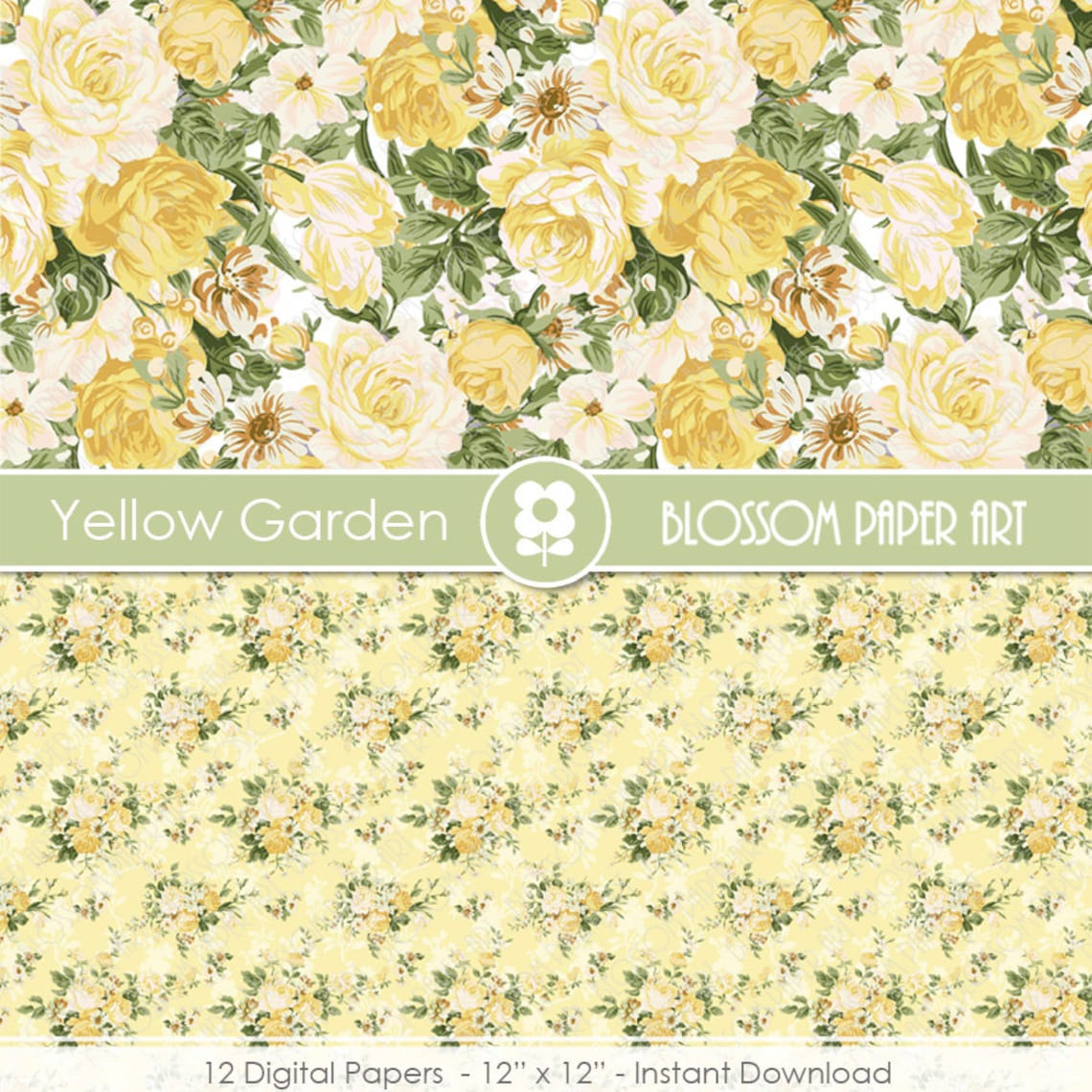 Yellow Floral Digital Paper Pack: Rose Scrapbooking Papers (digital ...