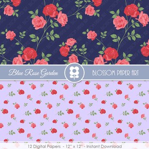 Blue Digital Paper, Floral Digital Paper Pack, Scrapbooking Flowers ...