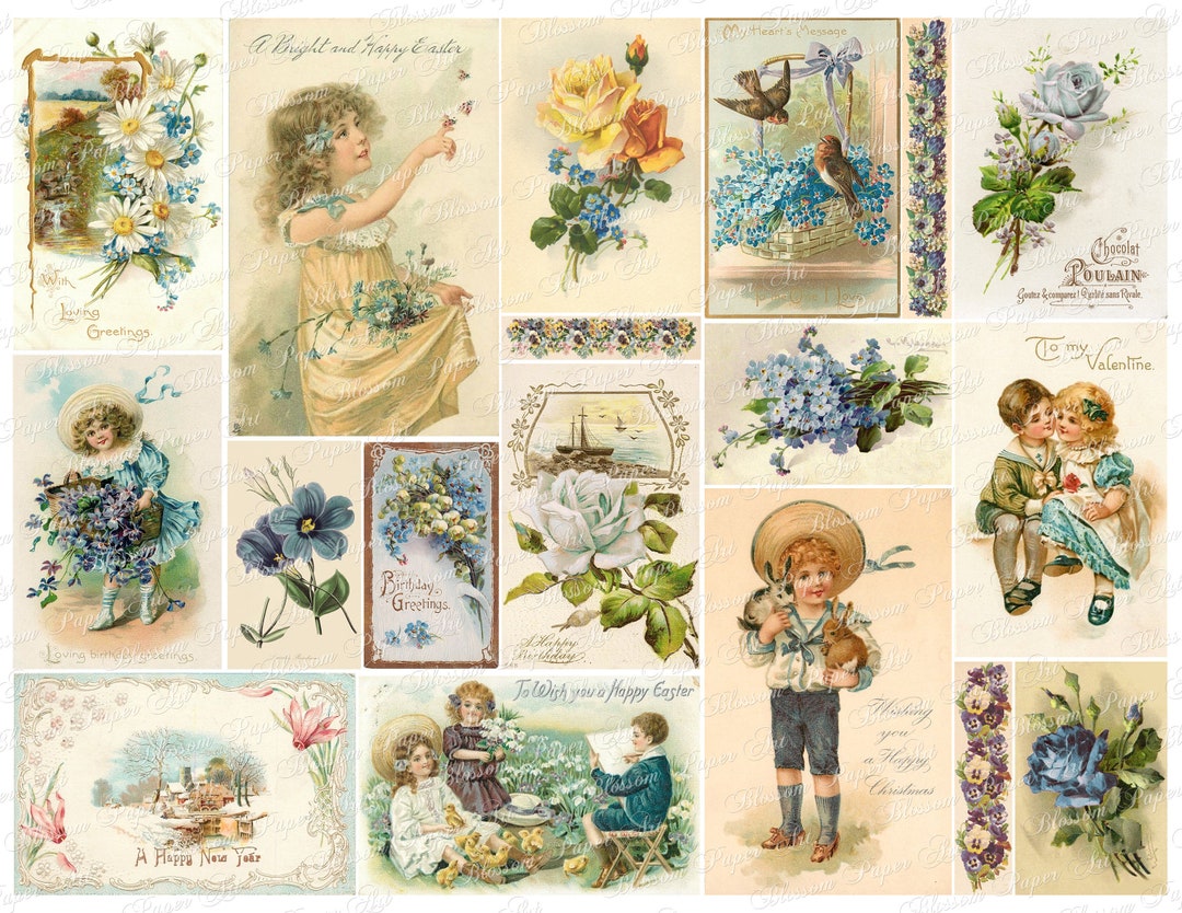 Ephemera Junk Journal Kit, Blue Ephemera Printable Sheet, Vintage ...