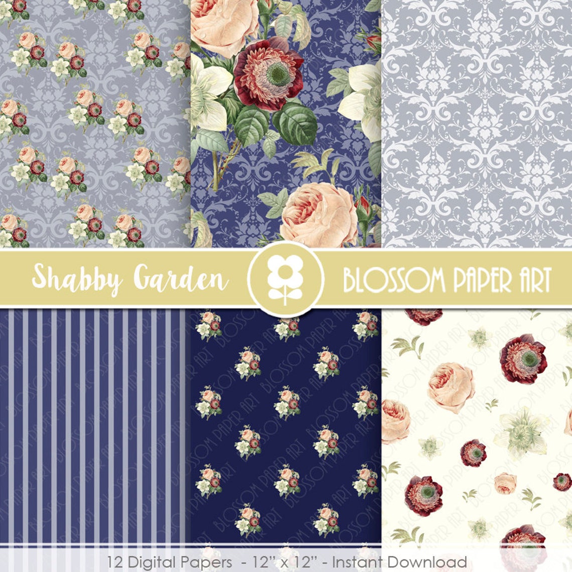 Blue and Yellow Floral Digital Paper Vintage Roses Digital - Etsy