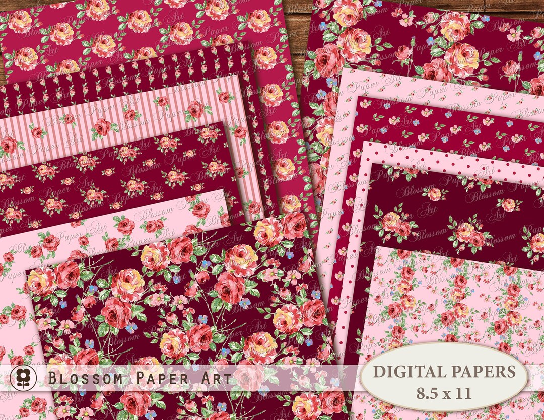 Floral Digital Paper, Plum Digital Paper, Burgundy Scrapbook Paper ...