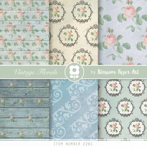 Rose Digital Paper VINTAGE Blue Floral Digital Paper Pack, Pink Roses ...