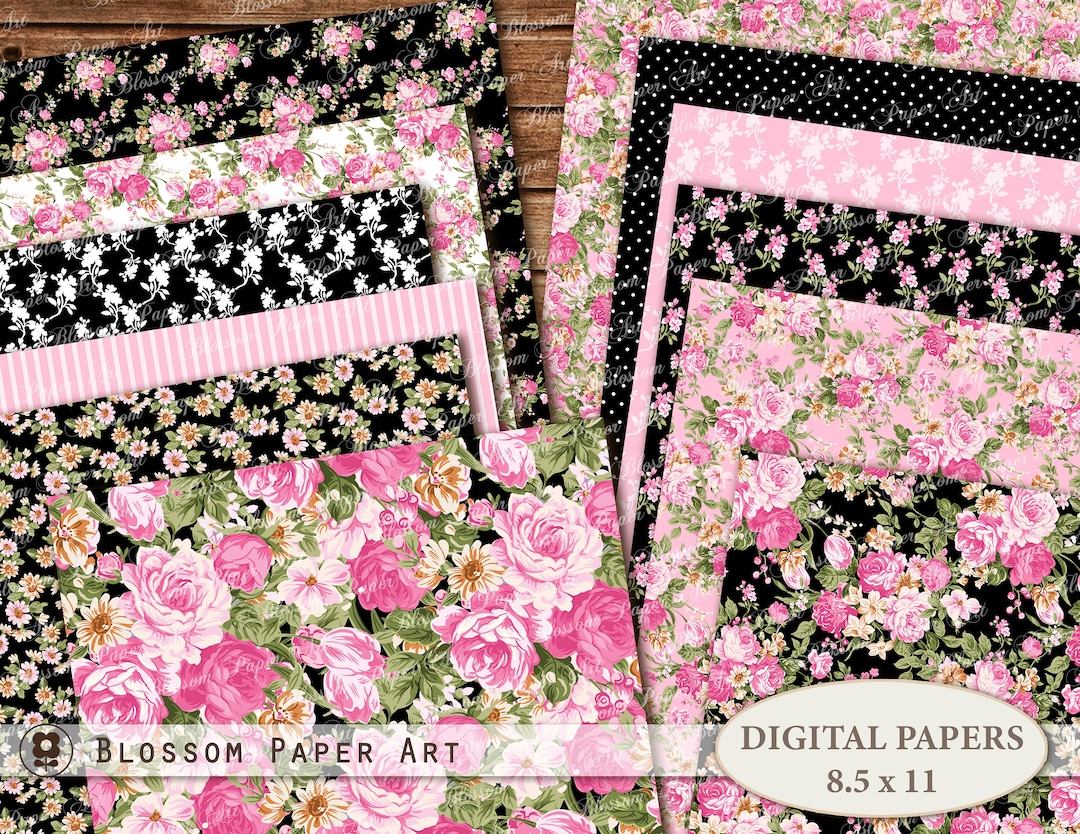 Pink Floral Digital Paper: Scrapbook & Junk Journal (A4, 12 Designs ...