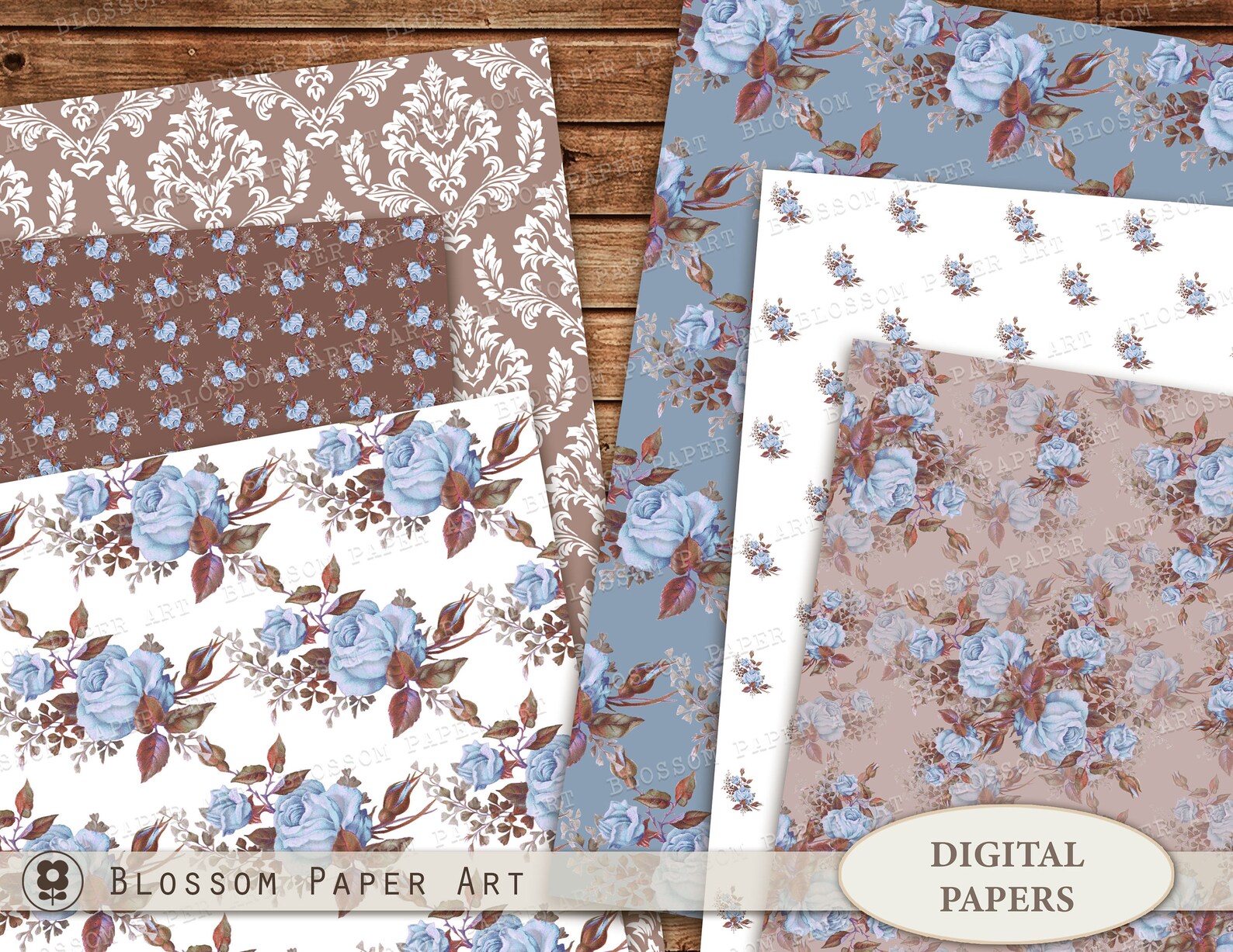 Blue and Brown Digital Paper Rose Digital Paper Pack Floral - Etsy