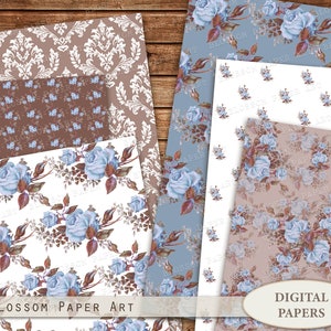 Blue and Brown Digital Paper Rose Digital Paper Pack Floral ...