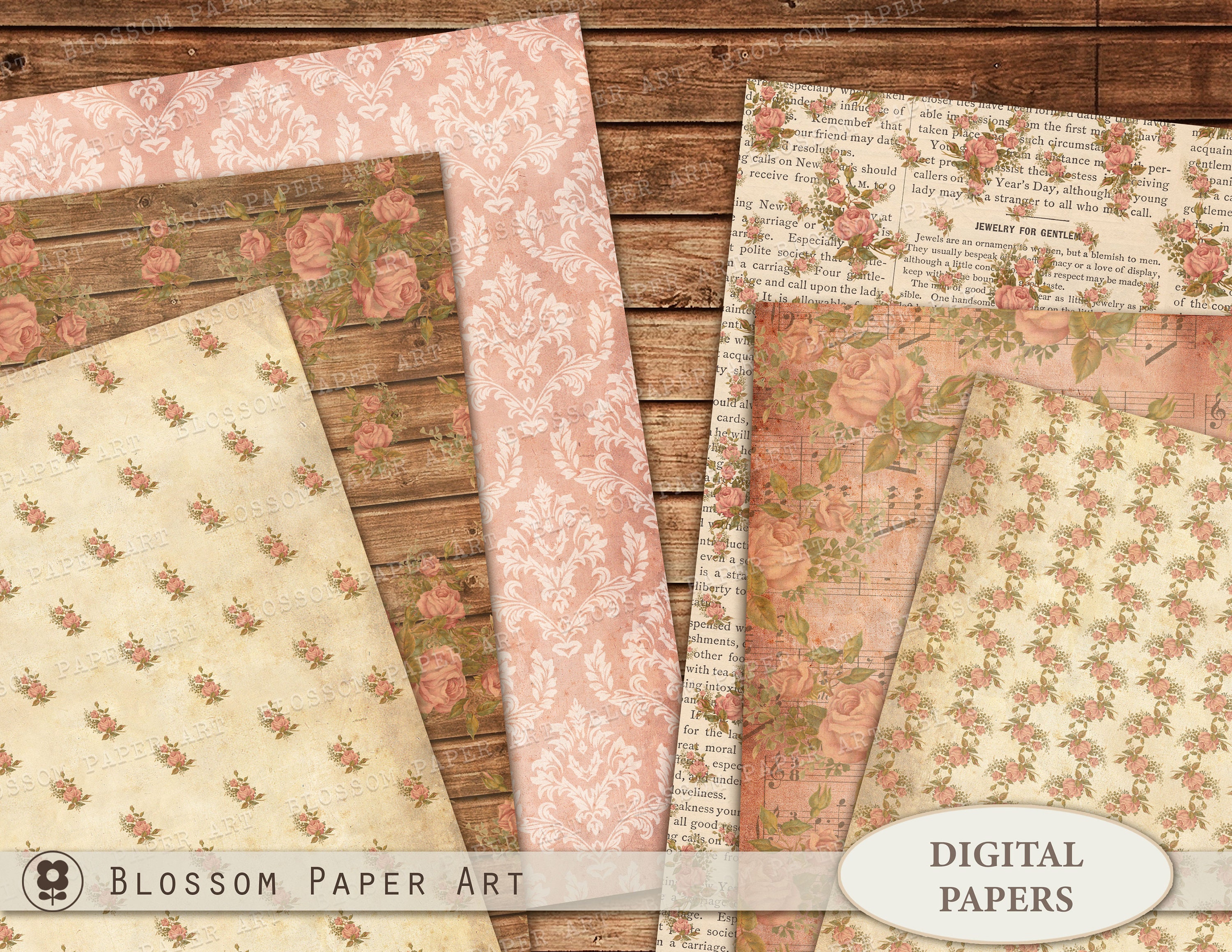 VINTAGE PRINTABLE Rose Digital Paper Digital Paper Pack - Etsy