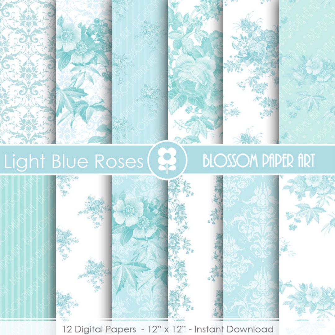 Light Blue Digital Paper, Floral Digital Paper Pack, Wedding Vintage ...