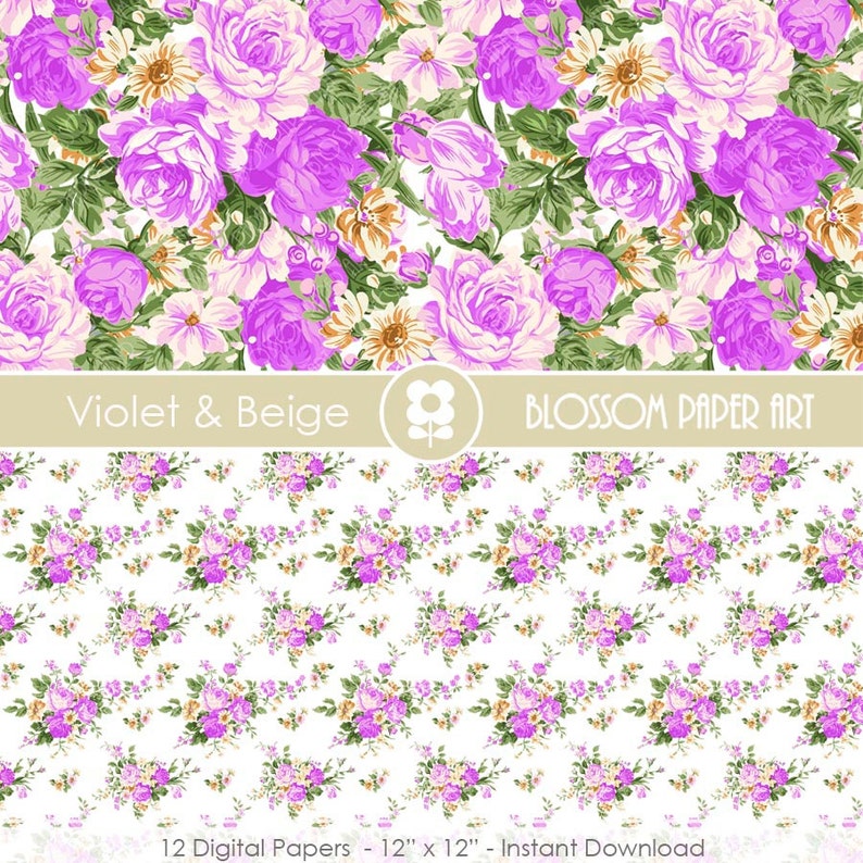 Purple Floral Digital Paper Pack: Violet Roses, Scrapbooking (digital ...