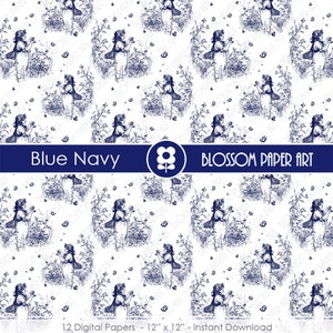Digital Paper Blue Navy Toile Digital Paper, Vintage Scrapbooking Paper ...