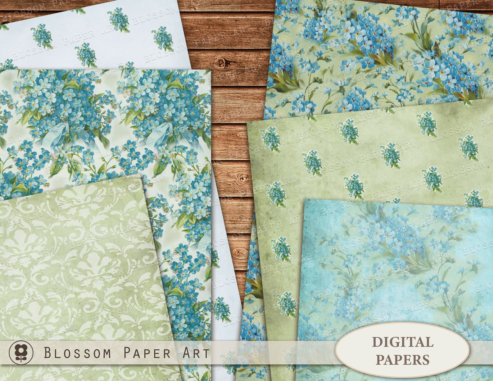 Blue FLORAL Digital Paper Vintage Floral Shabby Chic Digital - Etsy