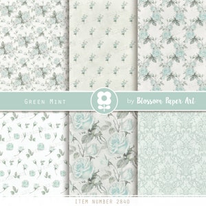 Vintage Digital Paper, Shabby Chic Digital Paper Pack, Mint Green Roses ...