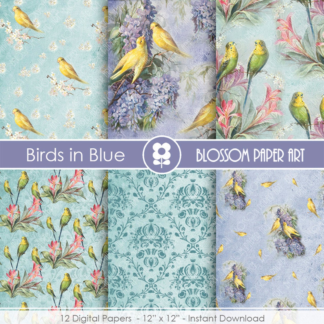 Vintage Digital Paper Blue Birds Digital Paper Pack Vintage - Etsy