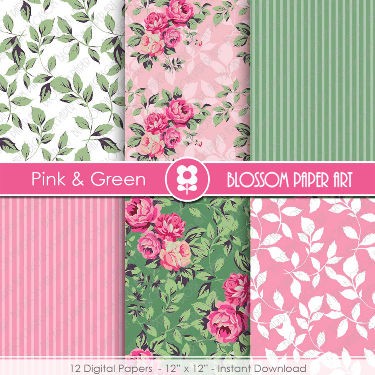 Rose Digital Paper Floral Digital Paper Pack Pink Garden - Etsy